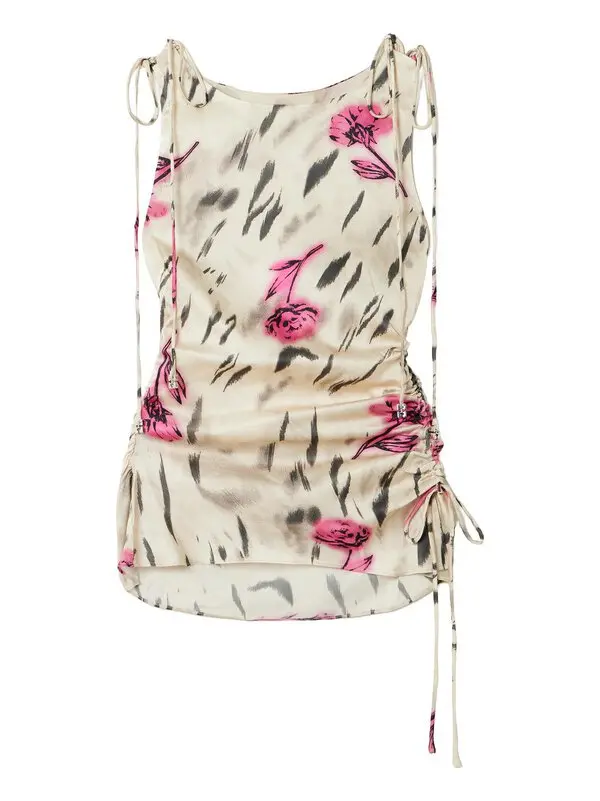 GANNI Tie-detailed Gathered Printed Satin Top - Multi