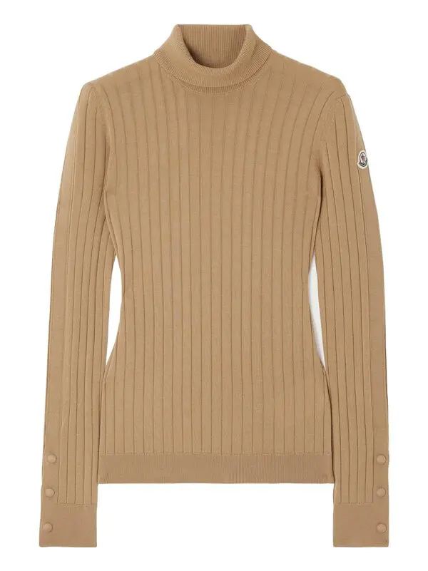 Moncler Button-detailed Appliquéd Ribbed Wool And Cashmere-blend Turtleneck Sweater - Brown
