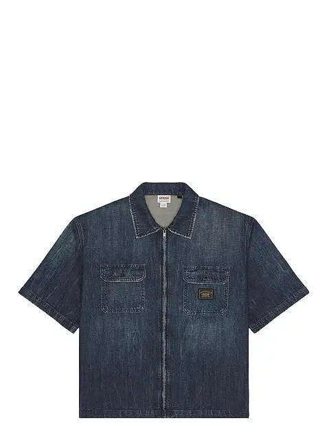GUESS ORIGINALS Denim Zip Shirt In Blue - Cross Hatch Dark Wash