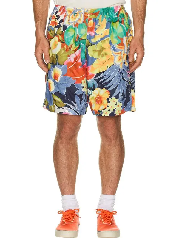 BEAMS Gym Shorts Tropical Pattern Print - Navy