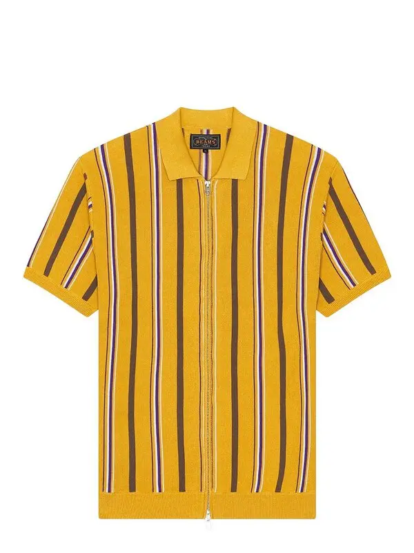 BEAMS Zip Knit Stripe Top - Mustard