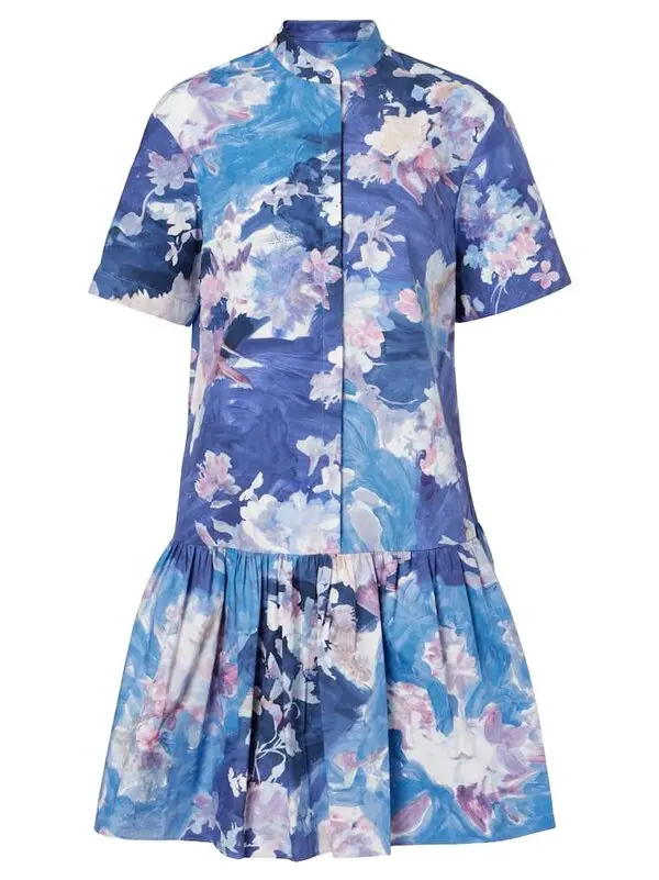 Erdem Floral Peplum Cotton Poplin Minidress - Blue