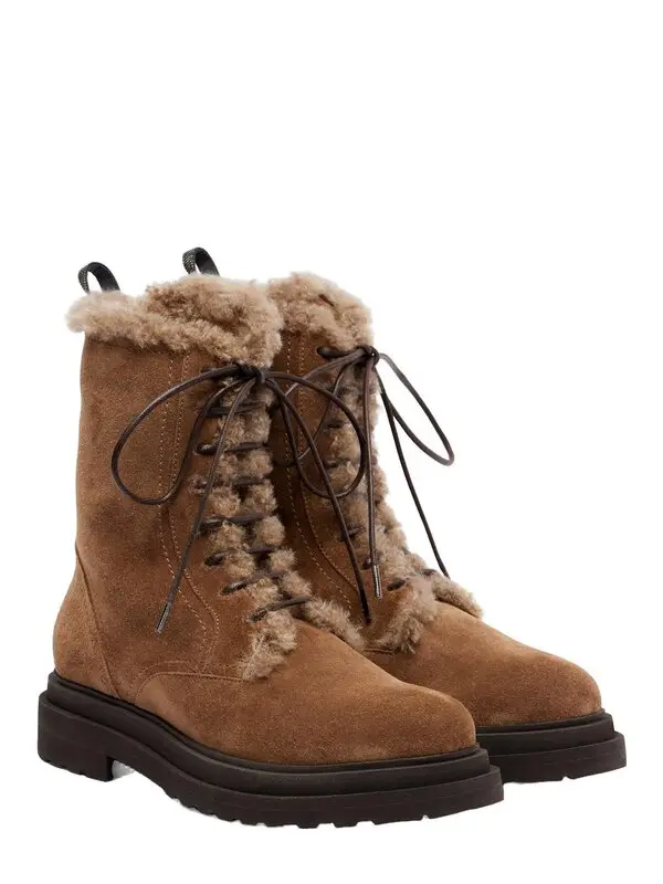 Brunello Cucinelli Monili Shearling-lined Suede Combat Boots - Brown