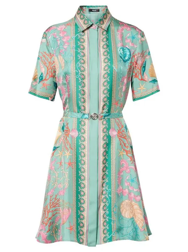 Versace Underwater Barocco Silk Twill Shirt Dress - Green