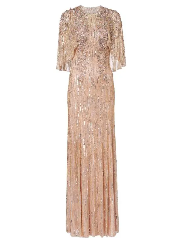 Jenny Packham Astra Sequined Caped Gown - Beige
