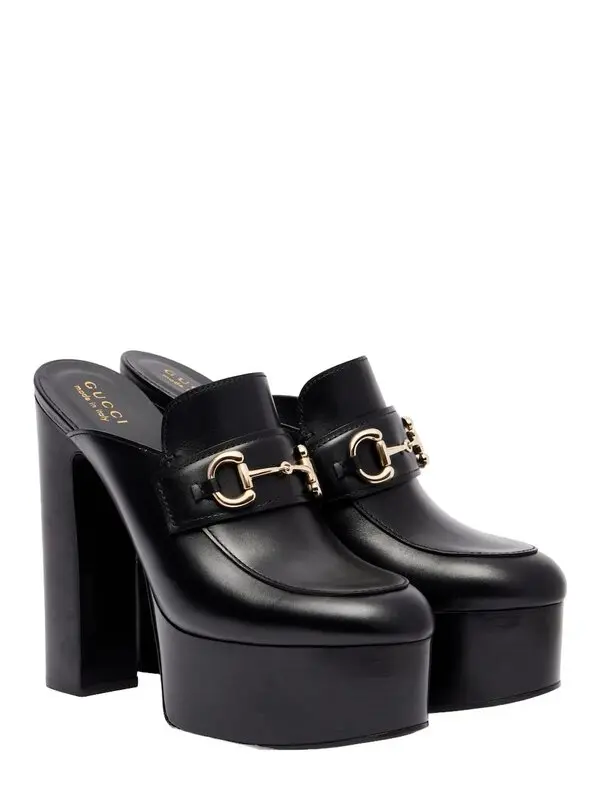 Gucci Horsebit Leather Platform Mules - Black