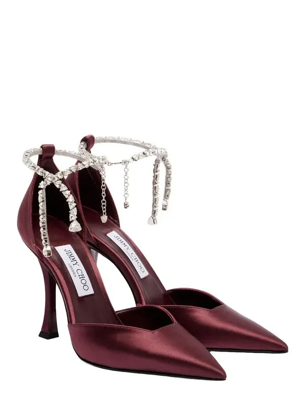 JIMMY CHOO Stevie 100 Embellished Satin Pumps - Burgundy