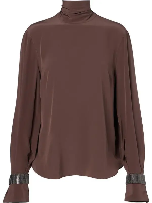 Brunello Cucinelli Monili Turtleneck Silk Blouse - Brown