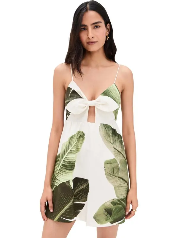 Alice + Olivia Melvina Tie Fit Babydoll Mini Dress - Jungle Palm Off White