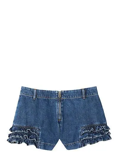 Sandro Ruffled-hem Mid-rise Denim Shorts - Blue Jean