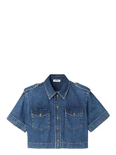 Sandro Cropped Chest-pocket Denim Shirt - Blue Jean