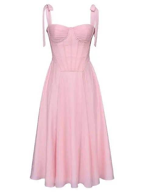 House Of Cb Tie-strap Corseted Cotton Midi Dress - Pink