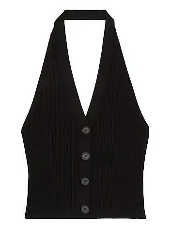 The Kooples Halter-neck Button-down Ribbed Knitted Top - Black