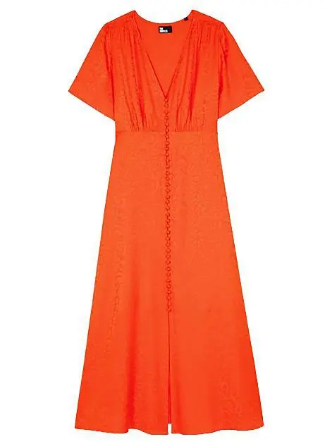 The Kooples V-neck Leopard-jacquard Woven Midi Dress - Orange Red