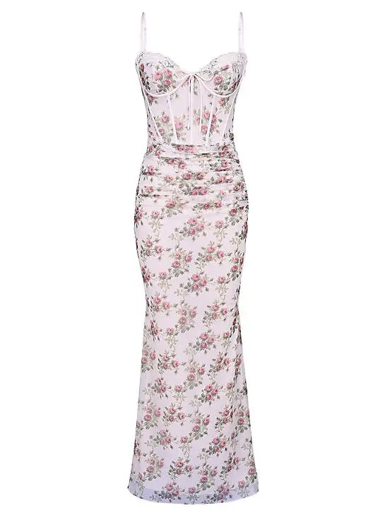 House Of Cb Floral-print Stretch-mesh Maxi Dress - Cream Rose Print