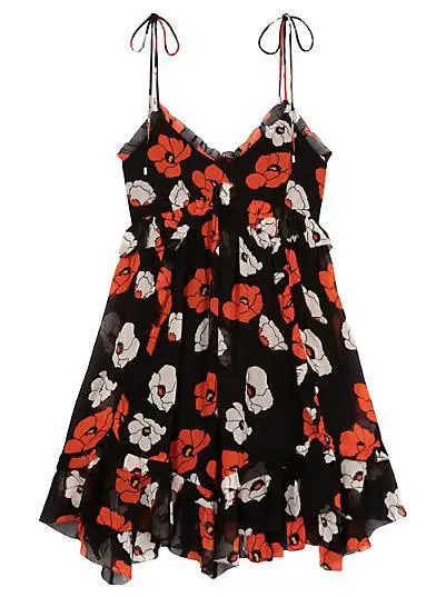 The Kooples Floral-print Asymmetric Mini Dress - Black Red Off White