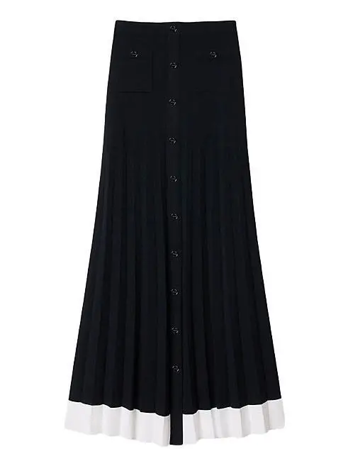 Sandro Contrast-hem Button-down Knitted Maxi Skirt - Navy Blue