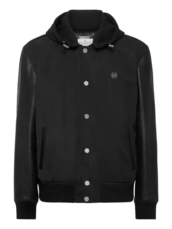 Philipp Plein Leather-sleeve Hooded Bomber Jacket - Black