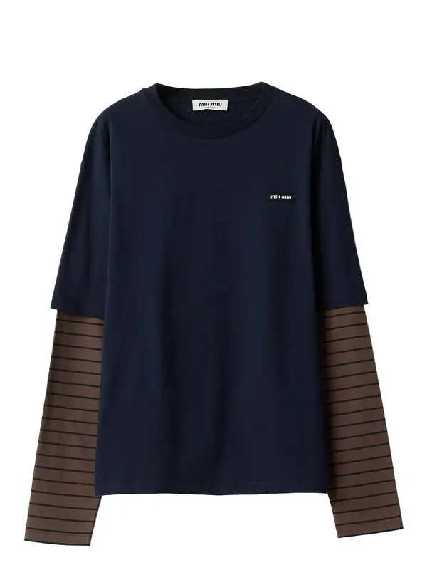 Miu Miu Long-sleeved Jersey T-shirt - Blue/cocoa Brown