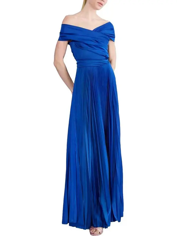 Talbot Runhof Off-shoulder Pleated Maxi Dress - Blue