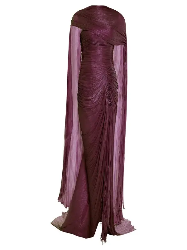 MARMAR HALIM Detachable Cape Pleated Satin Gown - Burgundy