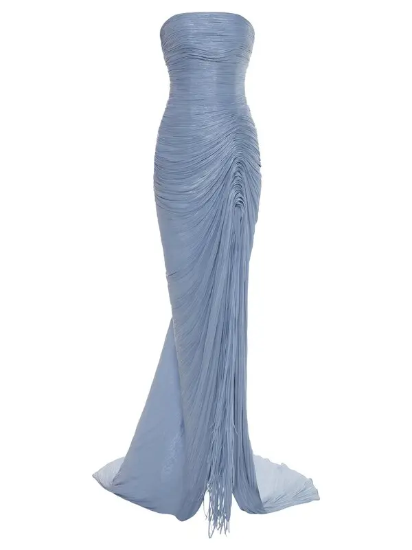 MARMAR HALIM Detachable Cape Pleated Satin Gown - Light Blue