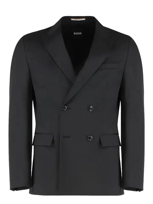 Hugo Boss Double-breasted Wool Blend Jacket - Black