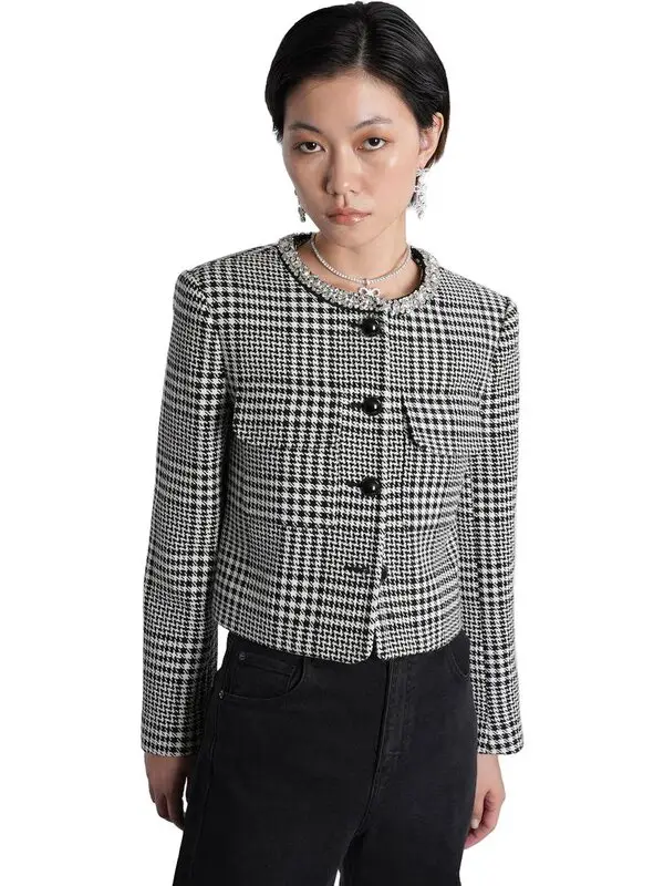 SELF-PORTRAIT Casual Houndstooth Jacket - Black