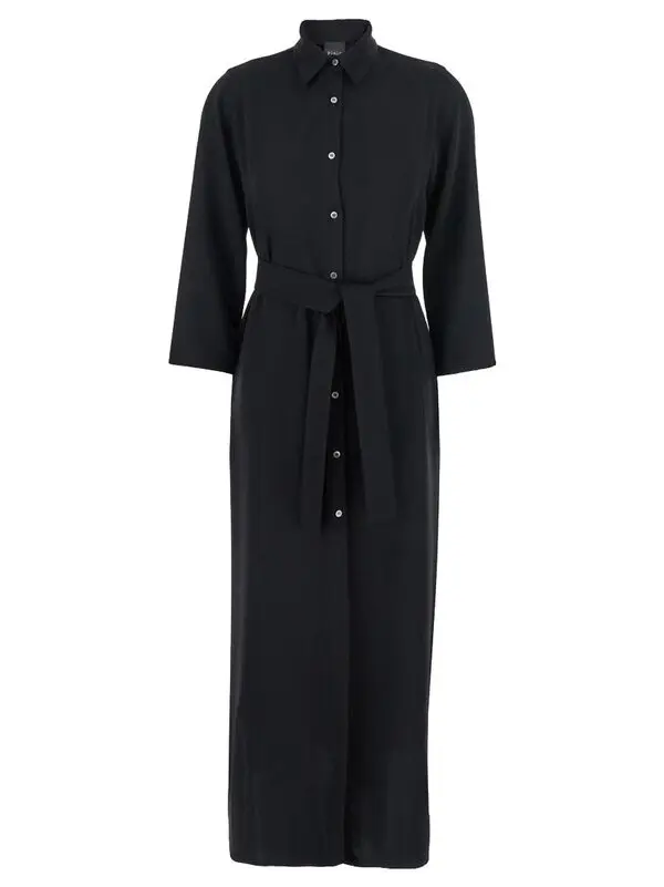 PLAIN Fabric Long Dress With Classic Collar - Black