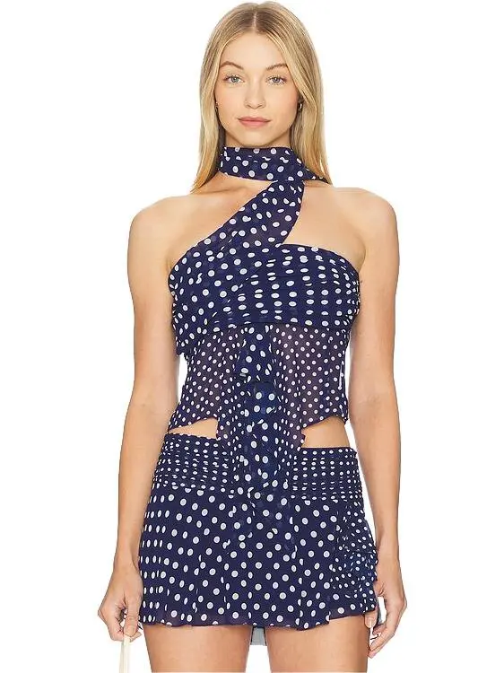 GUIZIO Chiffon Wrap Around Top With Attached Scarf - Navy