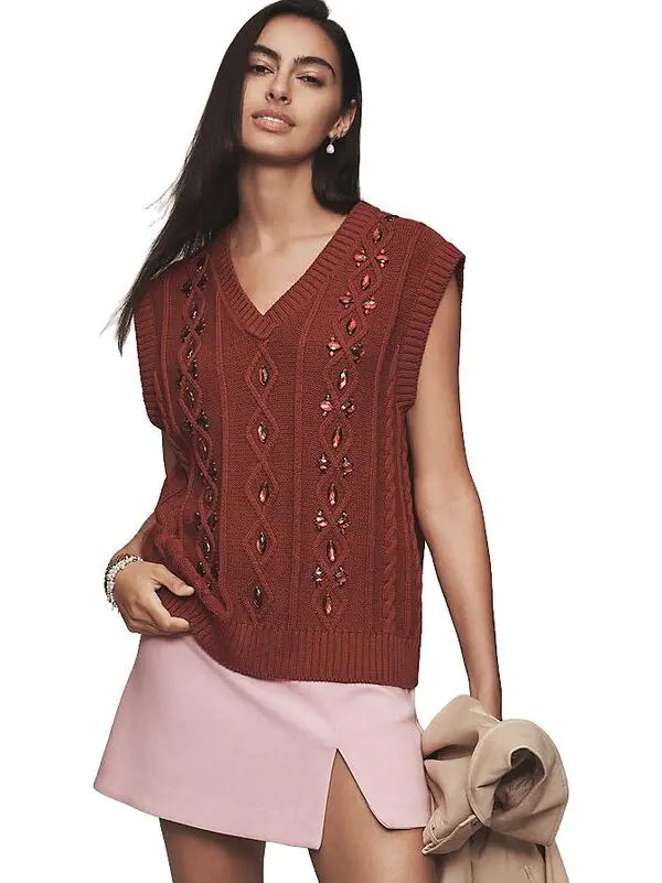 Anthropologie Embellished Cable-knit Sweater Vest - Wine