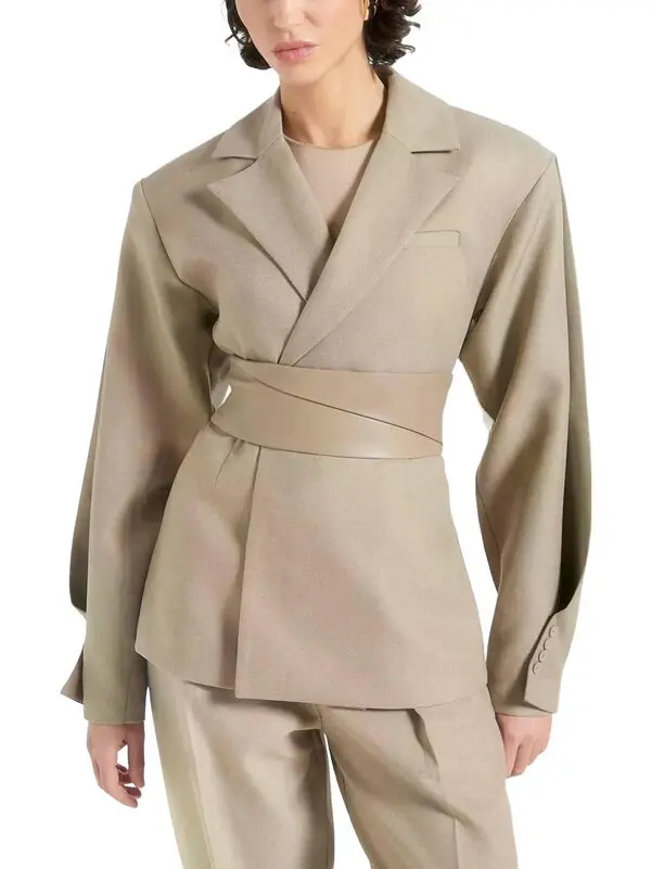 Manière De Voir Marie Twist-sleeve Belted Tailored Blazer - Neutrals