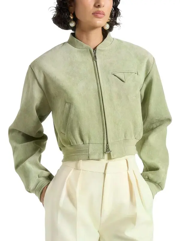 Manière De Voir Monique Wide-shoulder Suede Bomber Jacket - Green