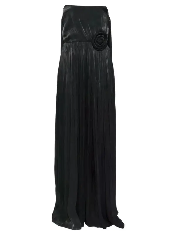 NISSA Pleated Maxi Dress With Rose Embellishment - Black