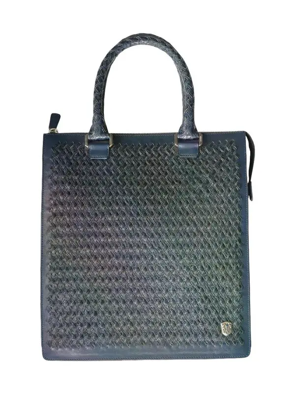 LARDINI Woven Calfskin Leather Tote Bag - Blue