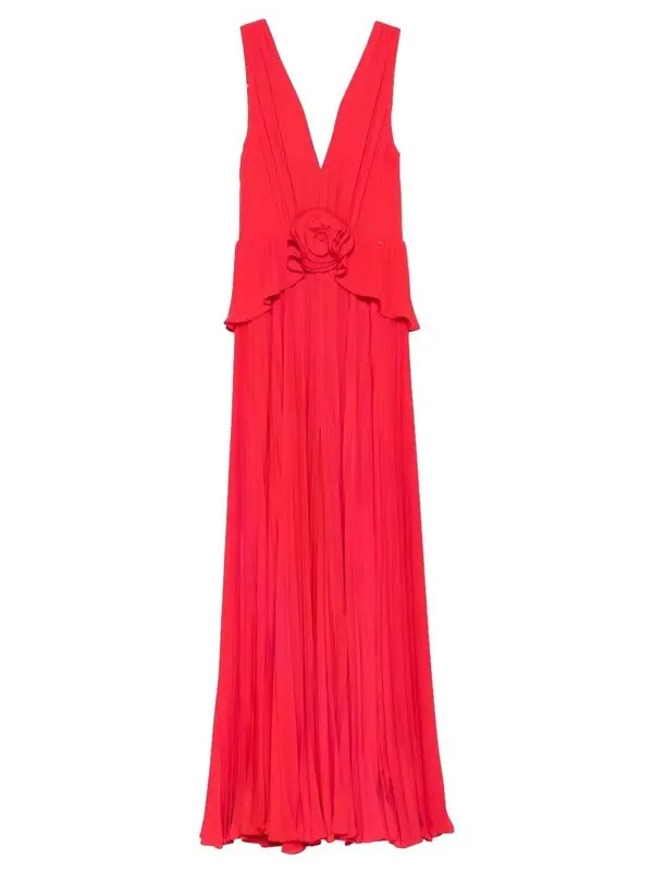 NISSA Pleated Rose-appliqué Maxi Dress - Red