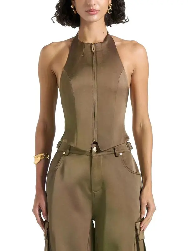 Manière De Voir Claudette Satin Halterneck Top - Brown