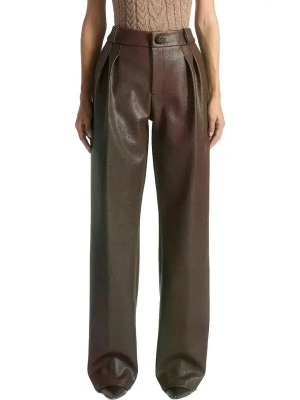 Manière De Voir Pebbled Leather Pleated Stacked Trousers - Brown