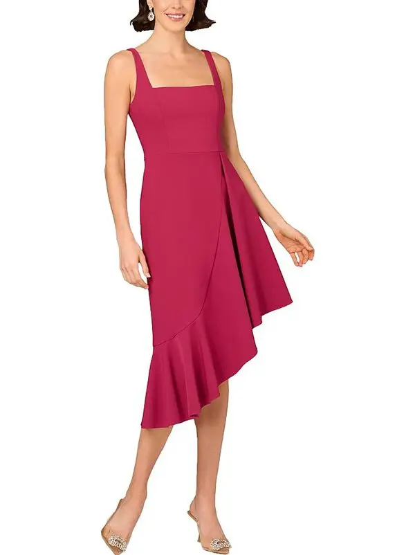 Aidan Mattox Stretch Crepe Asymmetric Midi Dress - Meritage