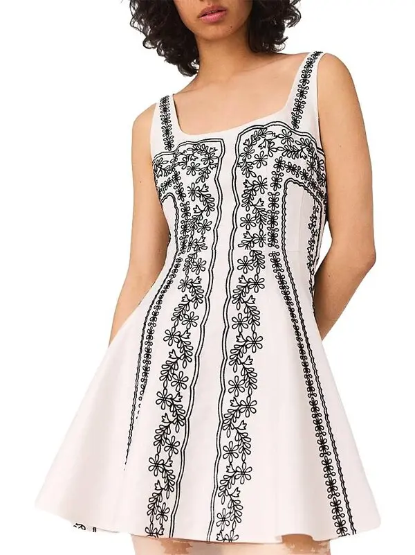 Maje Short Embroidered Dress - Ecru Blac