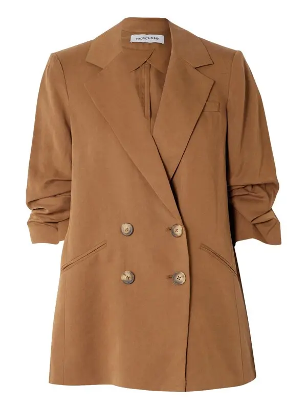 Veronica Beard Rupert Ruched Double-breasted Tencel™ Lyocell Blazer - Brown