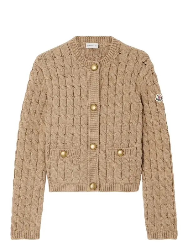 Moncler Appliquéd Cable-knit Cotton-blend Cardigan - Neutrals