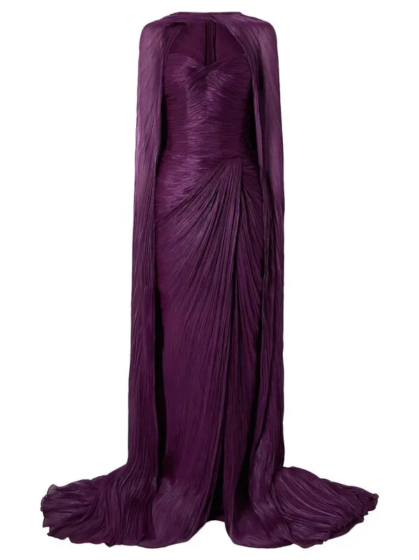 MARMAR HALIM Cape-effect Plissé Silk-satin Gown - Purple