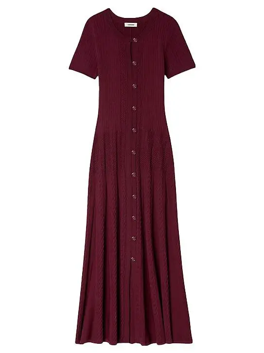 Sandro Round-neck Button-down Stretch-knit Maxi Dress - Bordeaux