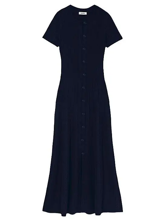 Sandro Round-neck Button-down Stretch-knit Maxi Dress - Navy Blue
