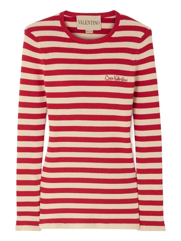 Valentino Garavani Embroidered Striped Ribbed-knit Cotton Sweater - Red