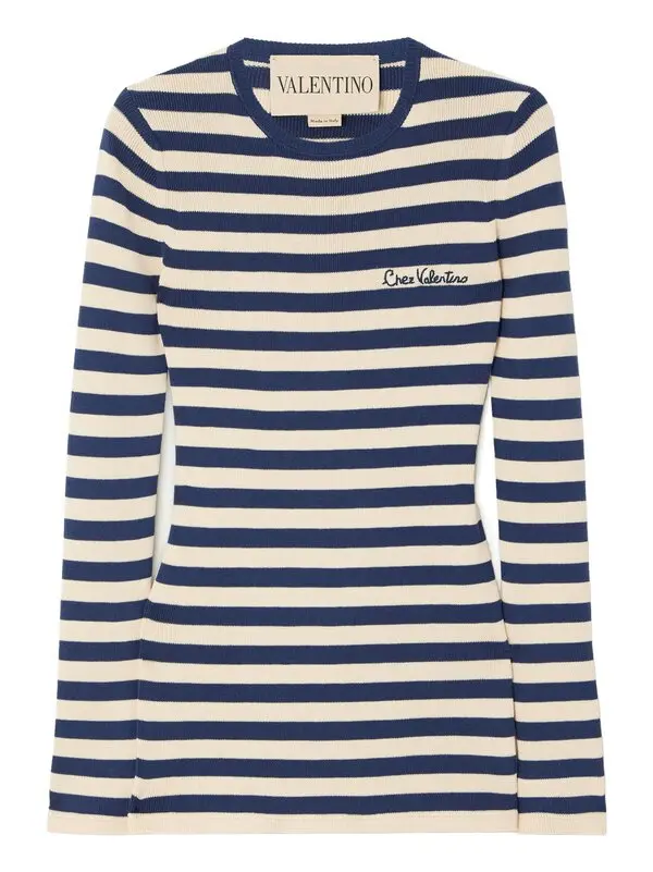 Valentino Garavani Embroidered Striped Cotton Sweater - Blue