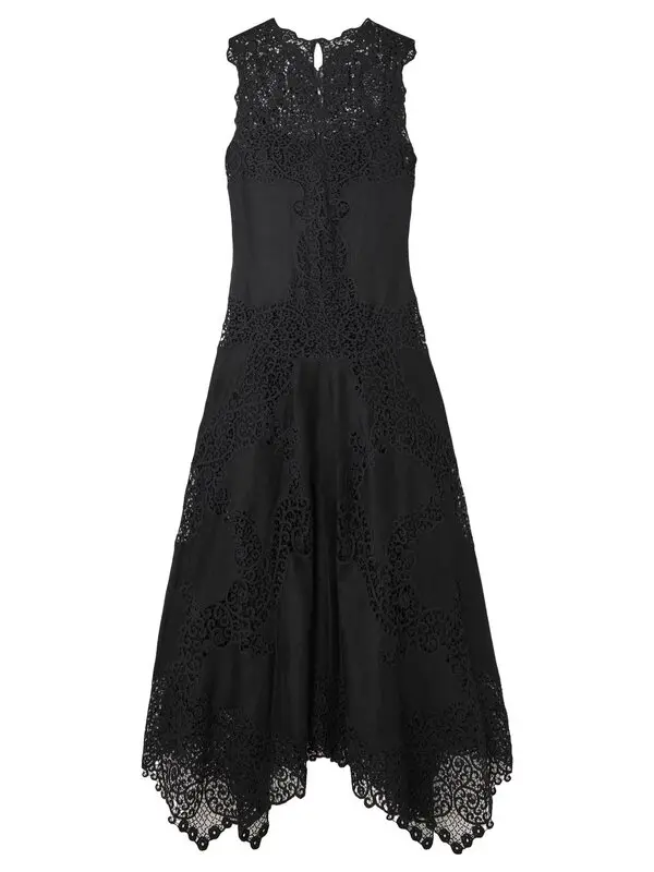 Ulla Johnson Arlette Asymmetric Guipure Lace-trimmed Linen Midi Dress - Black