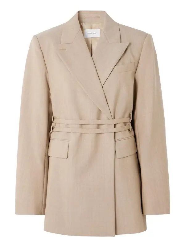 Sportmax Tubinga Belted Grain De Poudre Wool Blazer - Neutrals