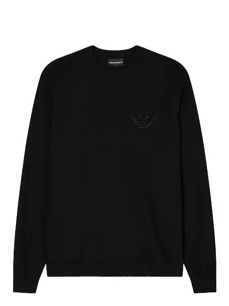 Emporio Armani Plain-knit Virgin Wool Jumper With Eagle Patch - Black